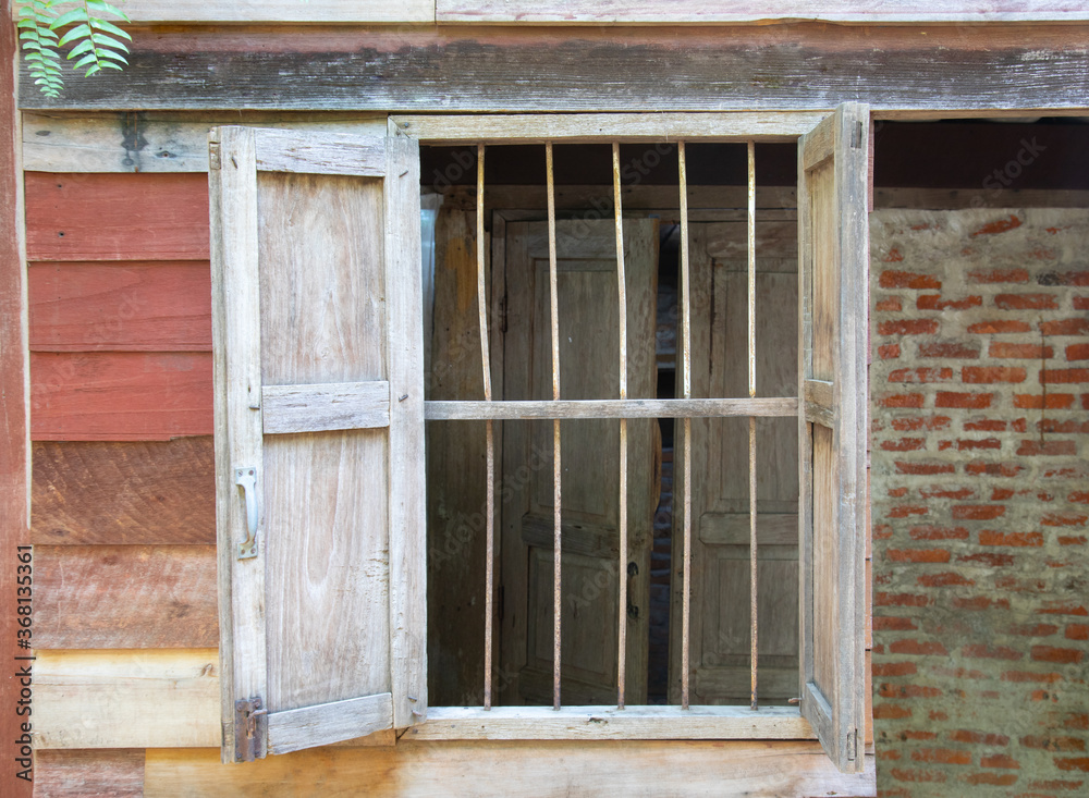 Close up shot of grunge wooden window frame in vintage and retro styles ...