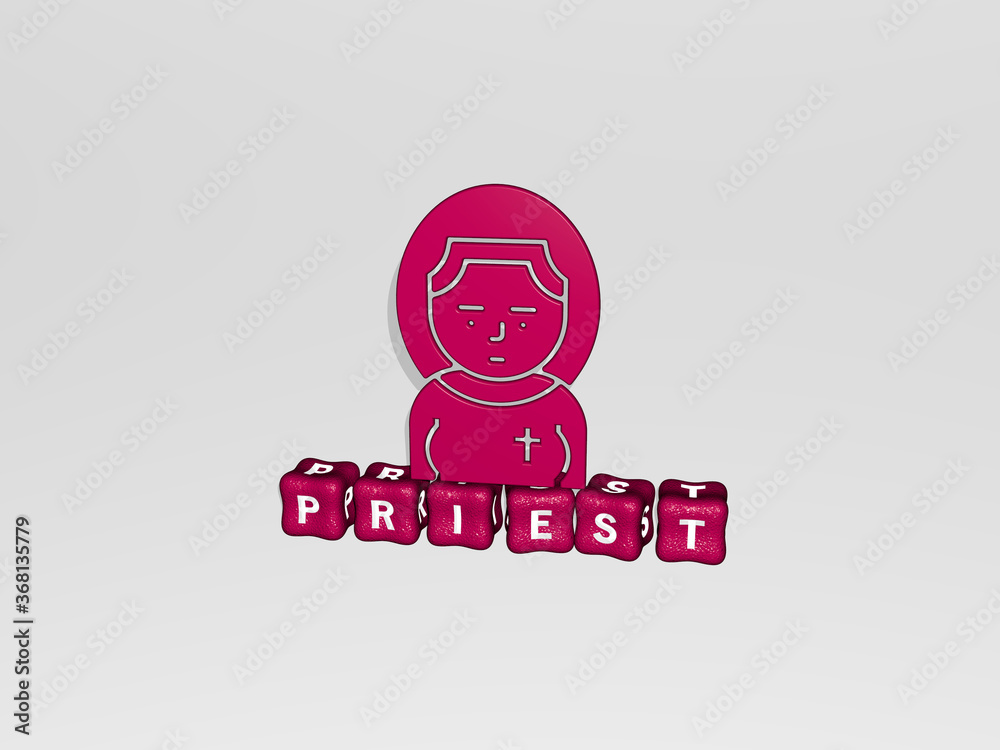 3D representation of priest with icon on the wall and text arranged by ...