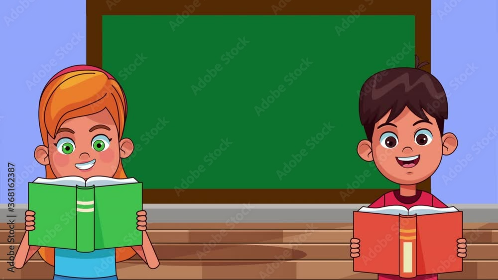 little students kids reading books in the classroom animated characters ...