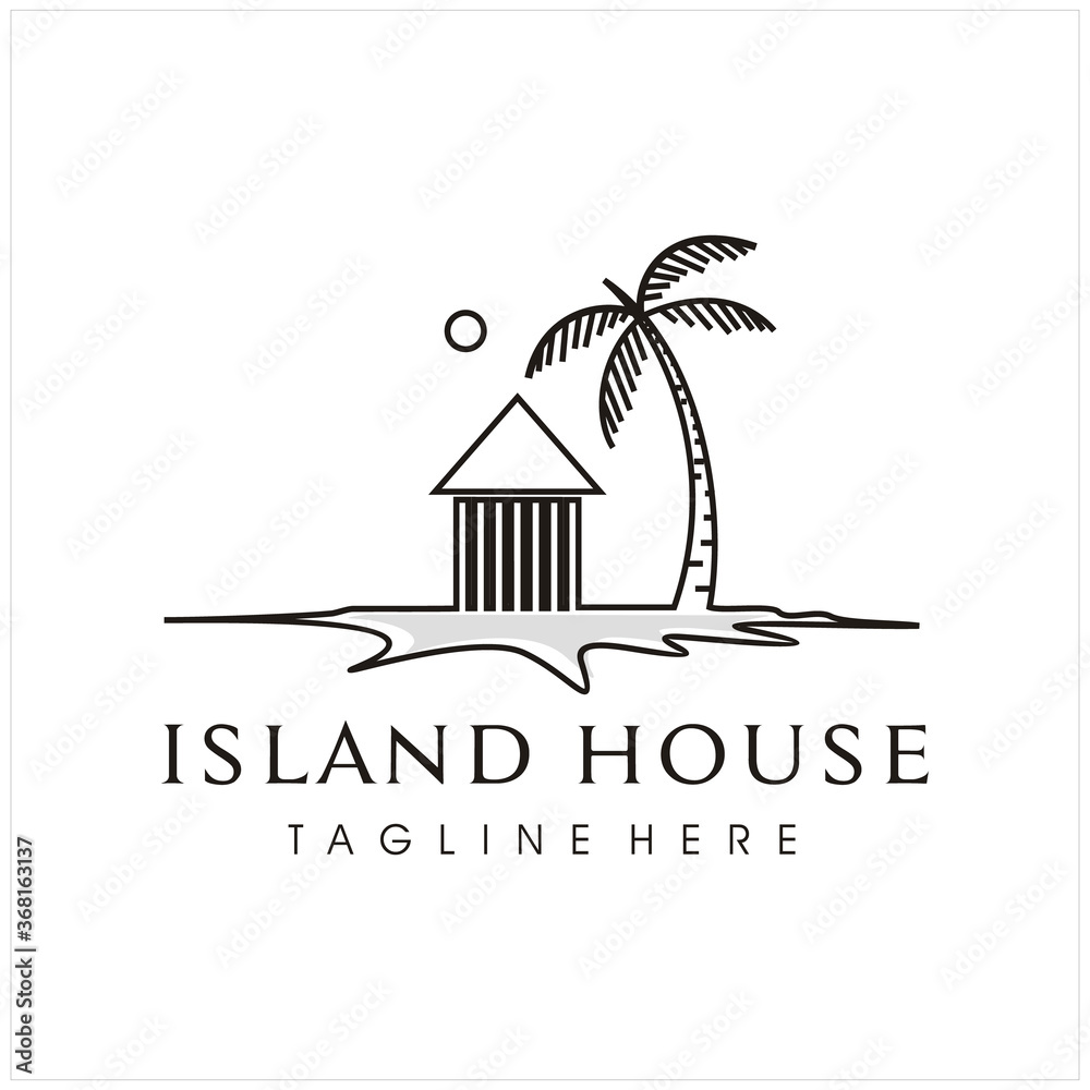Minimalist island house with coconut tree logo design, line art vector ...