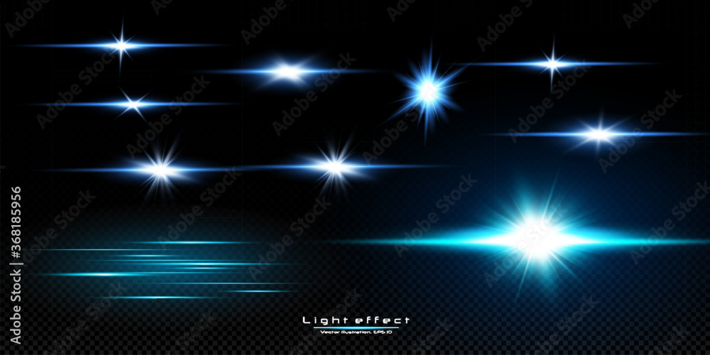 Vector illustration of a blue color. Set of light effects. Flashes and ...