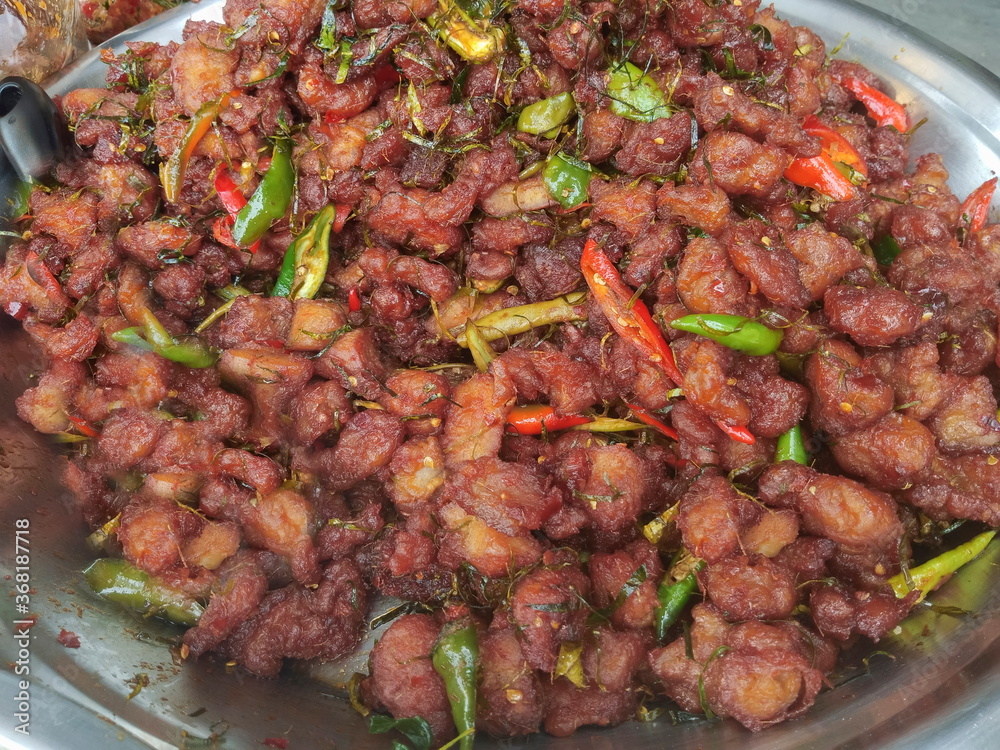 Top view of Thai traditional food Phad Phed Hmusamchan (Stir Fried ...