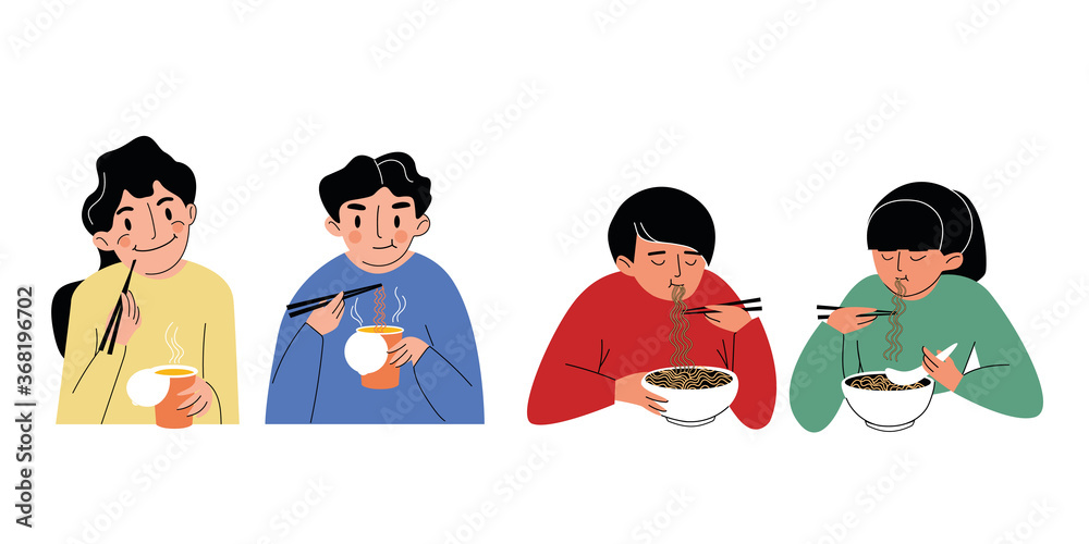 Cartoon young couple having lunch with ramen noodles. People enjoy delicious Asian cuisine ...