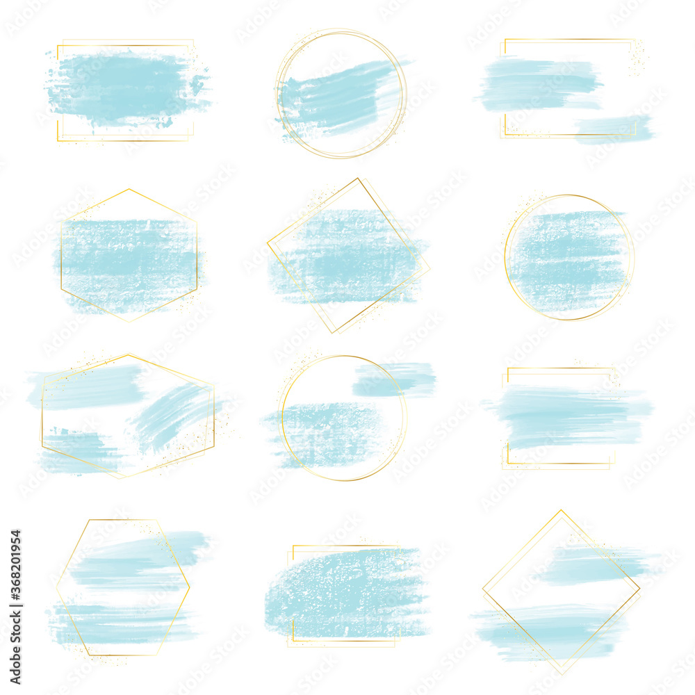 blue watercolor brush stroke with golden frame and glitter for logo or ...