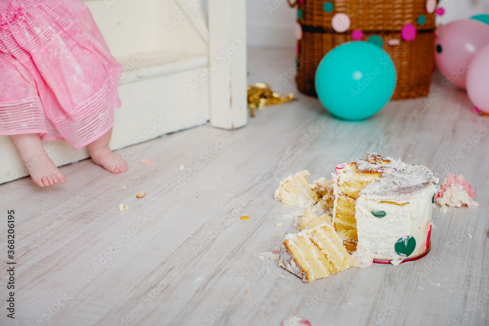 Crash pink cake at the celebration of the first birthday of the girl ...
