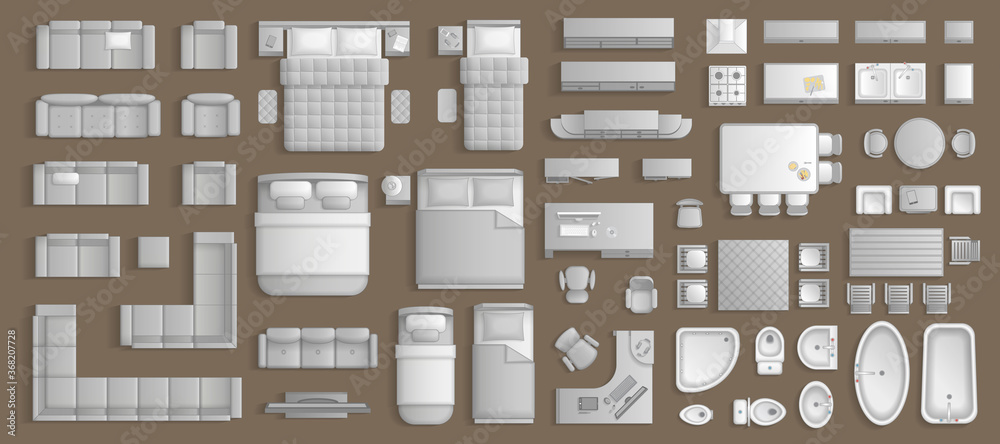 Icons set of interior. Furniture top view. Elements for the floor plan ...