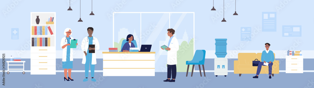 Hospital reception vector illustration. Cartoon flat doctor character ...