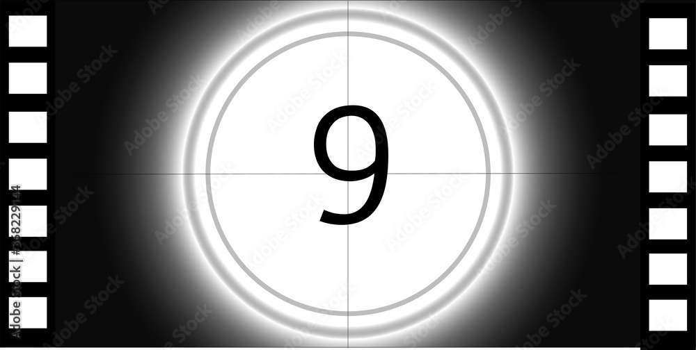 Number 9 cinema movie countdown introduction screen in black and white ...