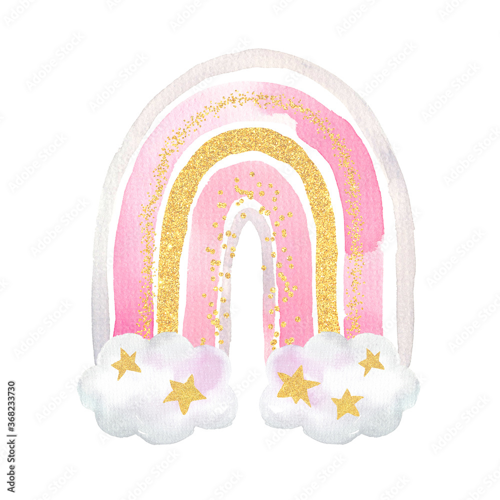 Watercolor hand painted pink rainbow with gold glitter confetti ...