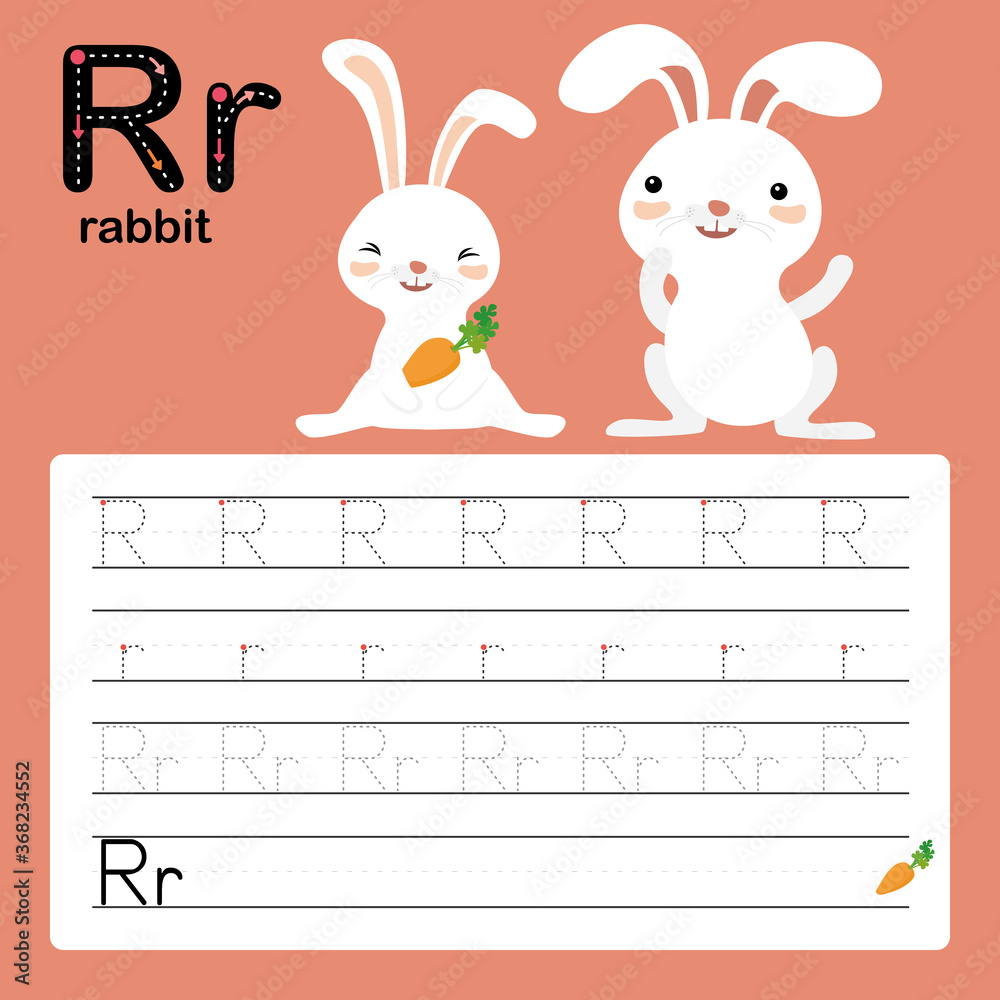 R, rabbit, Alphabet tracing worksheet for preschool , vector ...
