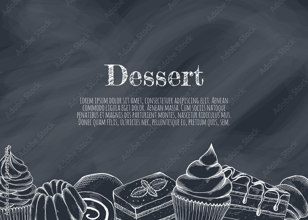 Desserts bakery shop vector banner template. Hand drawn cakes bun, ice ...