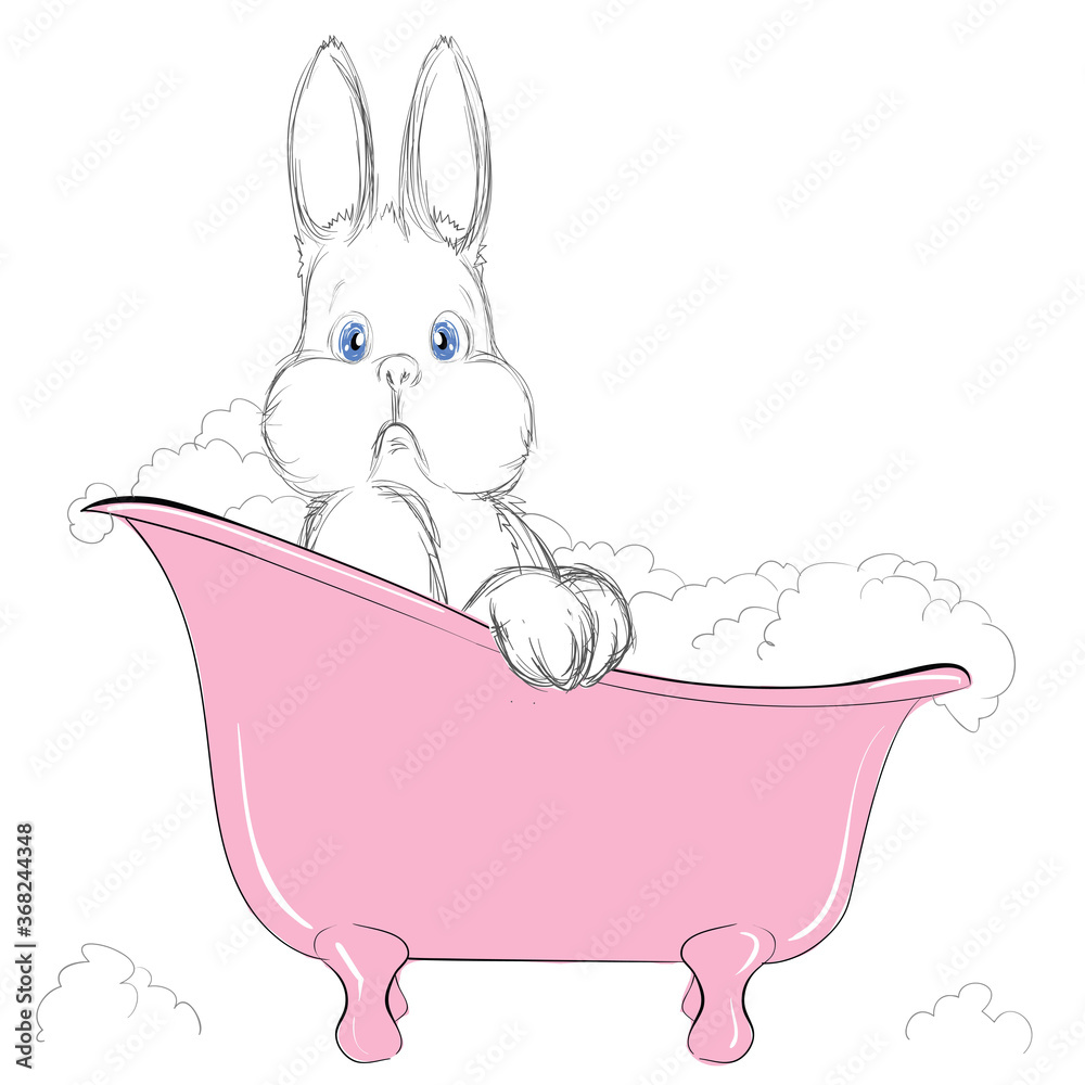 Vector Illustration of a Cute Little Bathing Bunny with Foam. Freehand ...