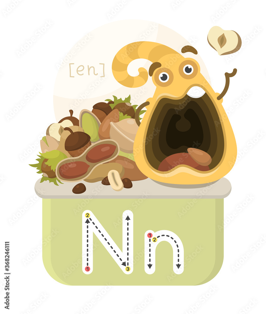 Learning the English alphabet. Funny cartoon character with nuts and ...