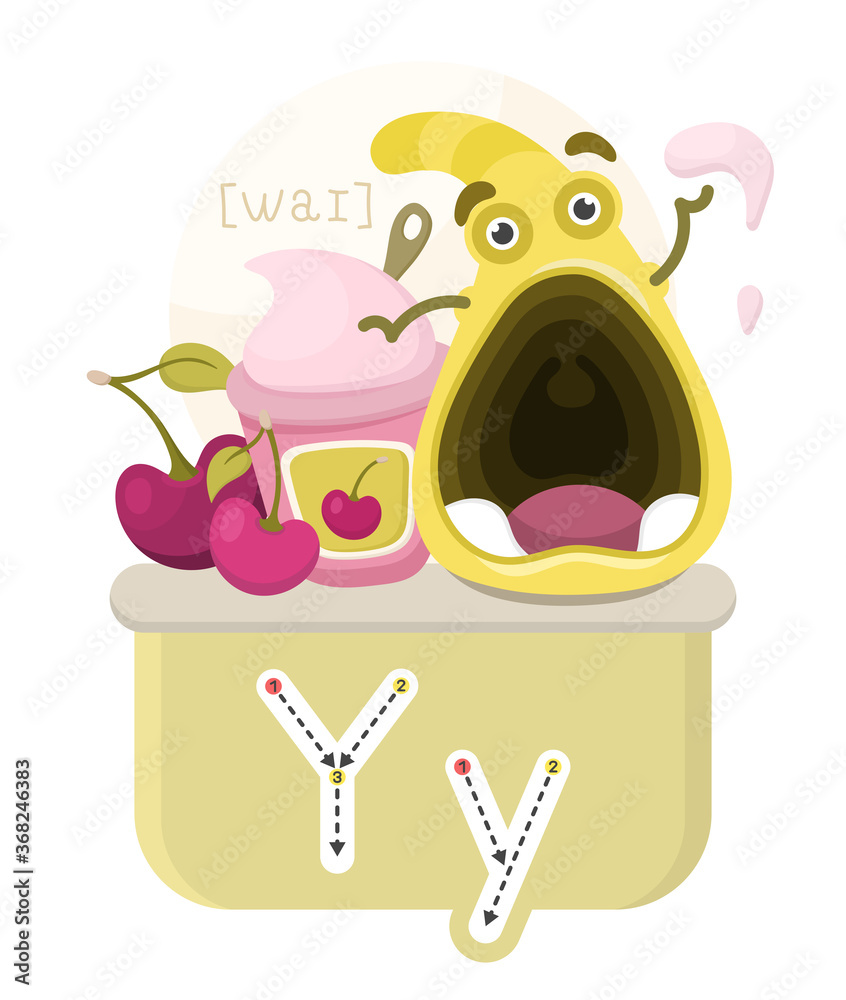 Learning the English alphabet. Funny cartoon character with yogurt and ...