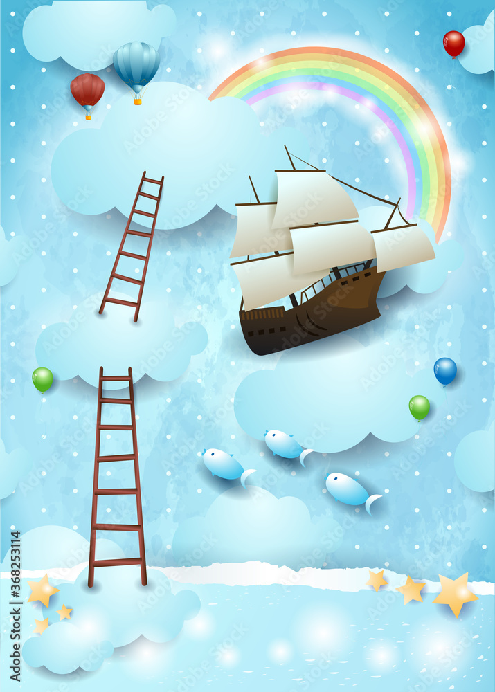 Paper landscape with sky, starways, flying vessel and fishes Stock ...