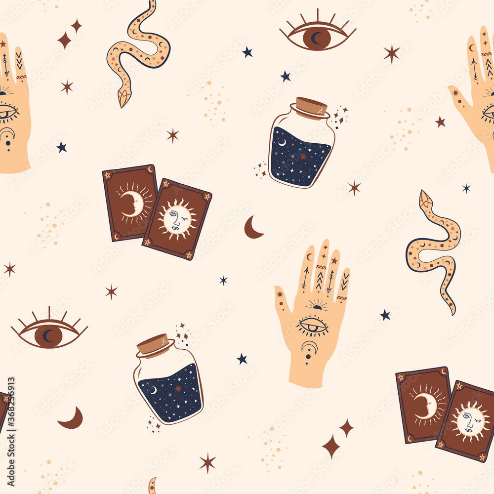 Magic and celestial inspired Seamless Pattern with magical elements ...