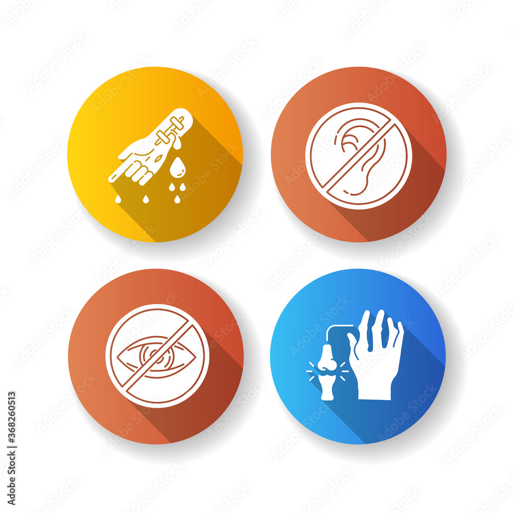 Health care problem flat design long shadow glyph icons set. Bleeding ...