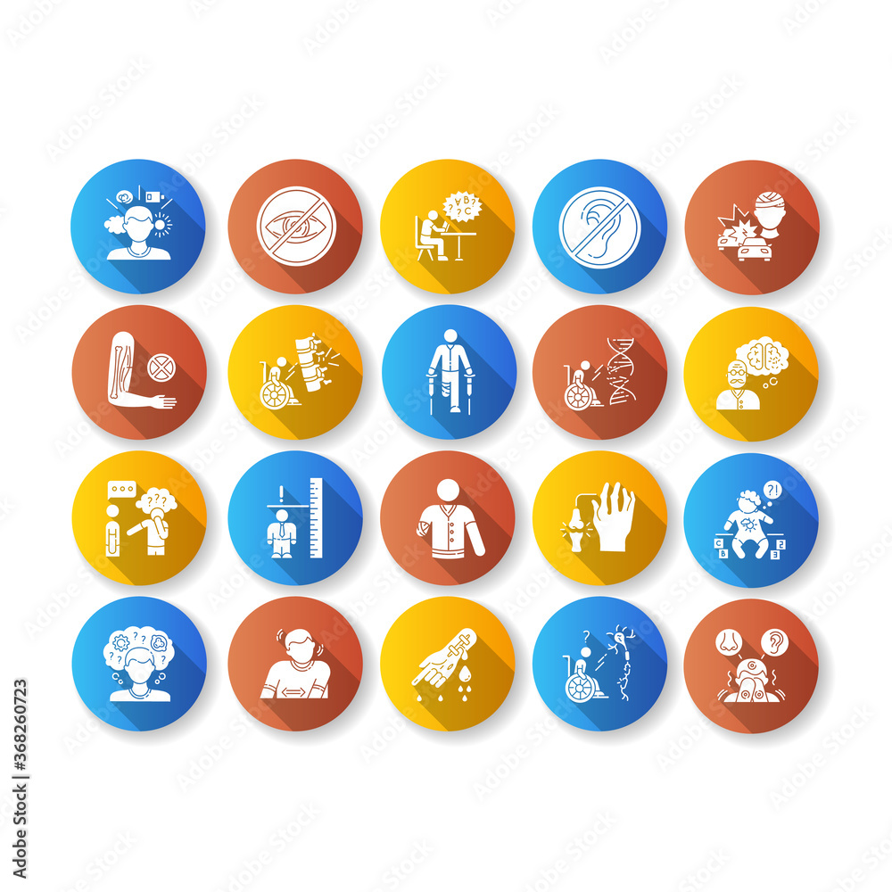 Disability types flat design long shadow glyph icons set. Blindness and ...