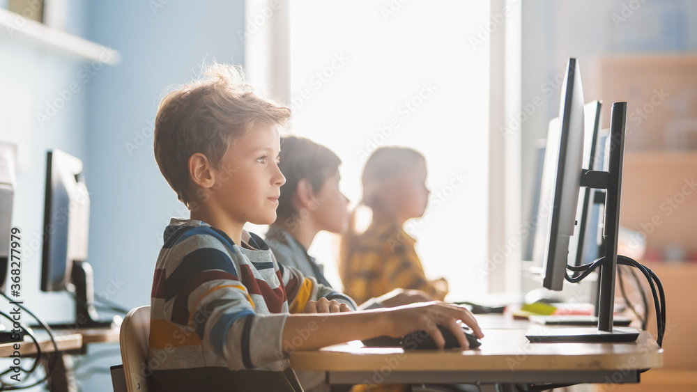 Elementary School Computer Science Classroom: Smart Little Schoolboy ...