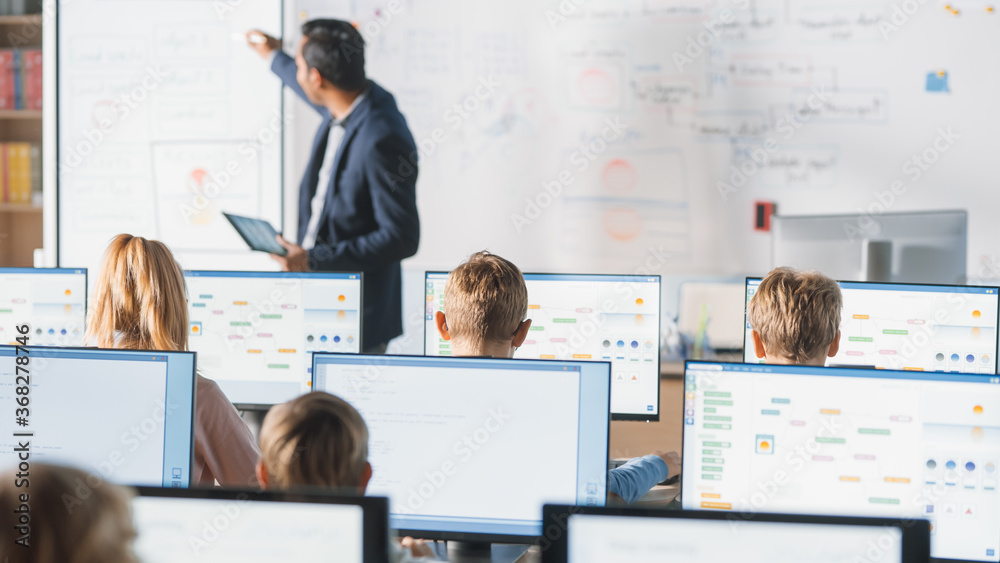 Elementary School Class: Teacher Uses Interactive Digital Whiteboard ...
