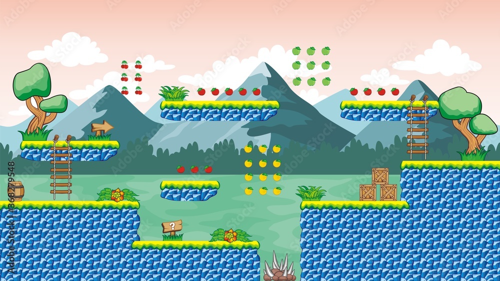 set of game assets, icon, element, tileable seamless tileset, Useful ...