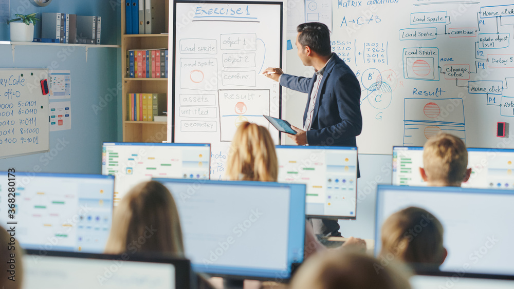 Elementary School Class: Teacher Uses Interactive Digital Whiteboard, Explains Lesson to Diverse ...