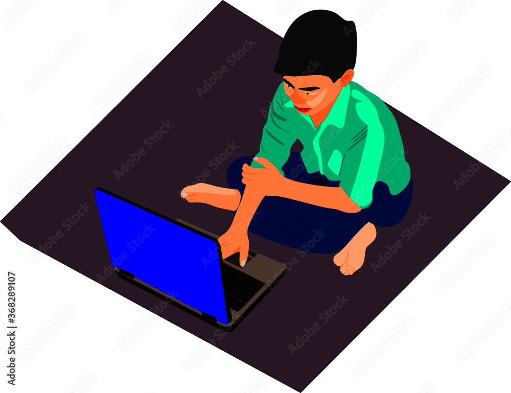 An indian village school student operating laptop isolated wearing ...