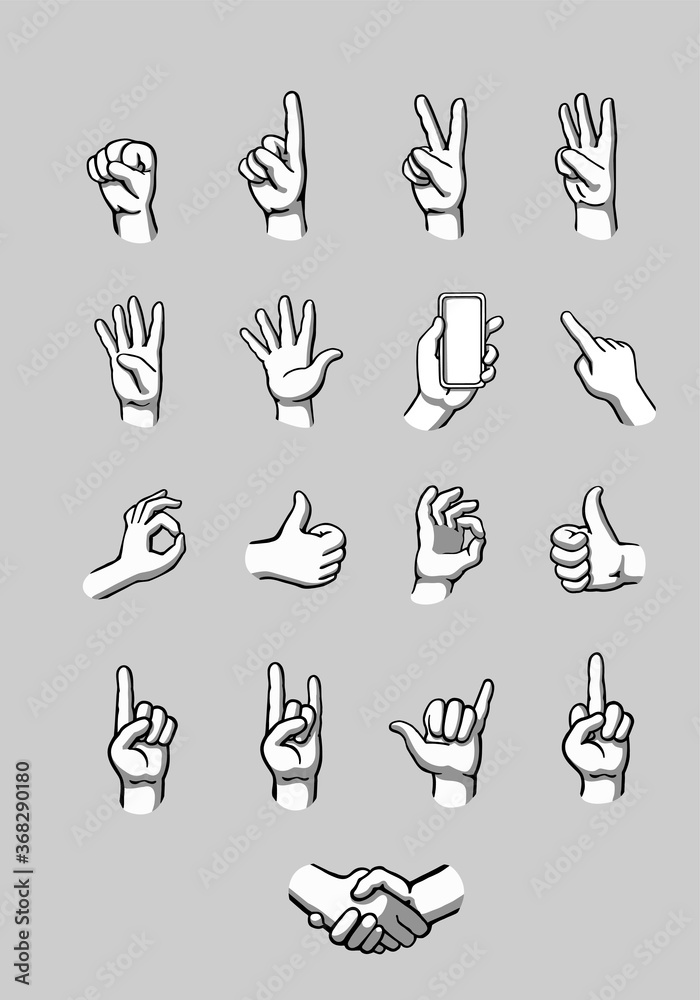 Set of hands counting, holding smartphone, pointing, showing gestures ...