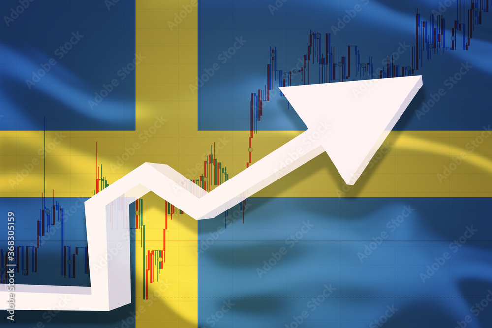 Sweden growth chart. White 3D arrow and stocks chart grows up on the ...