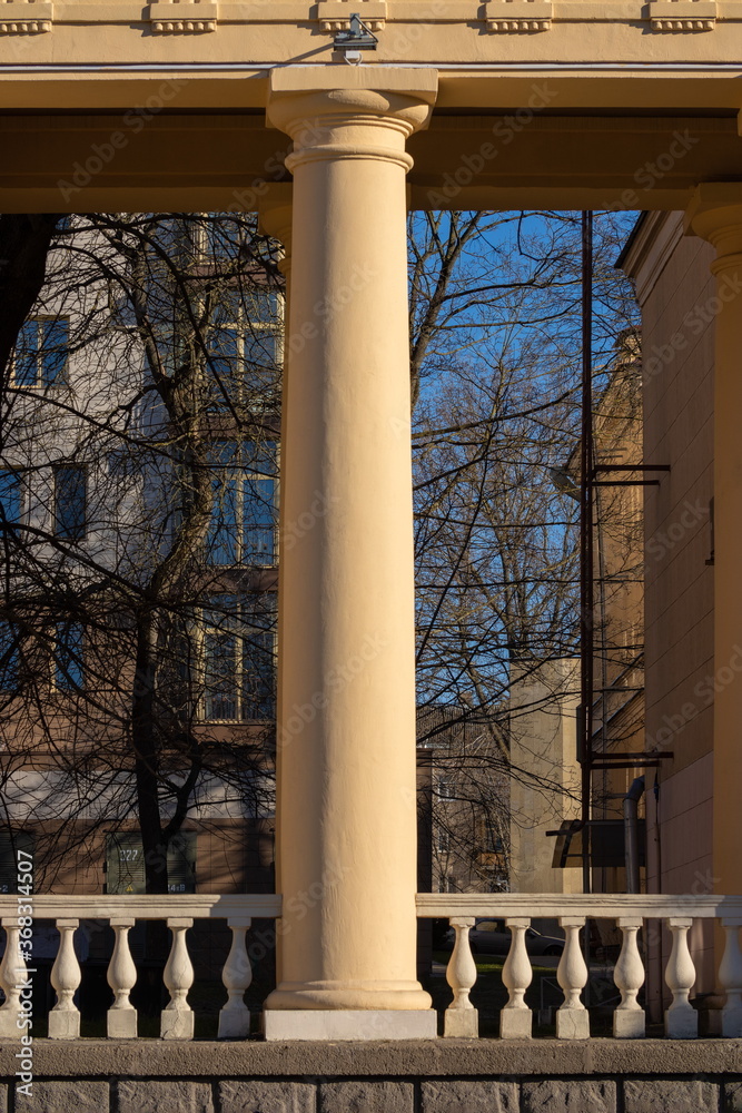 Elements of architectural decorations of buildings, columns and tops ...