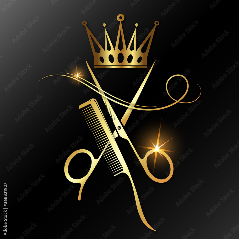 Scissors with a lock of hair and a golden crown comb. Design for a ...