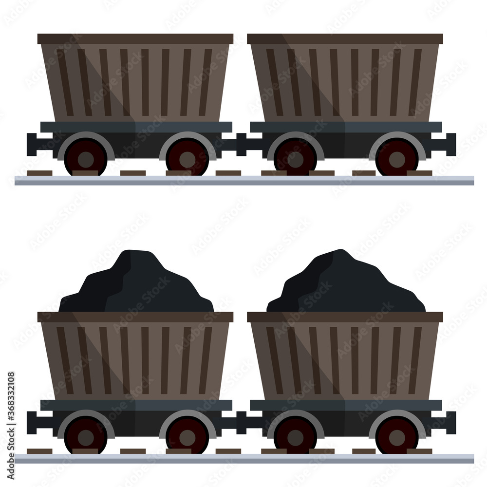 Trolley with coal. Underground transport. Mining equipment. Extraction ...