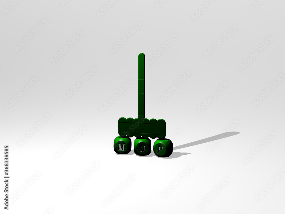 3D illustration of mop graphics and text made by metallic dice letters ...