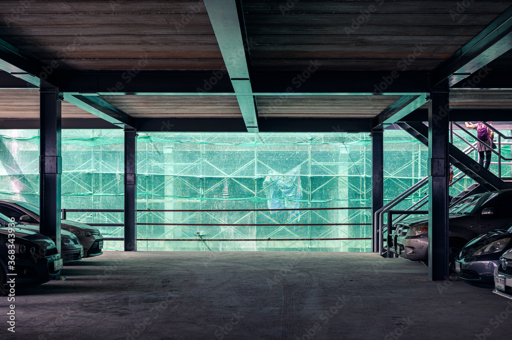 Car parking lot in the basement parking garage building with ...