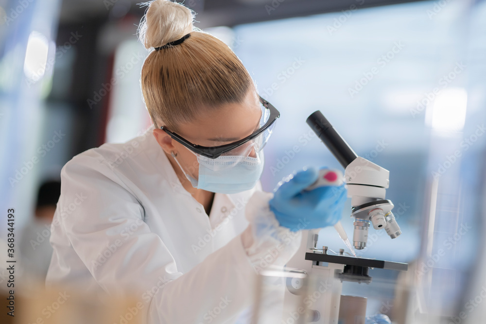 A female scientist wearing a face mask using a pipette in a laboratory ...