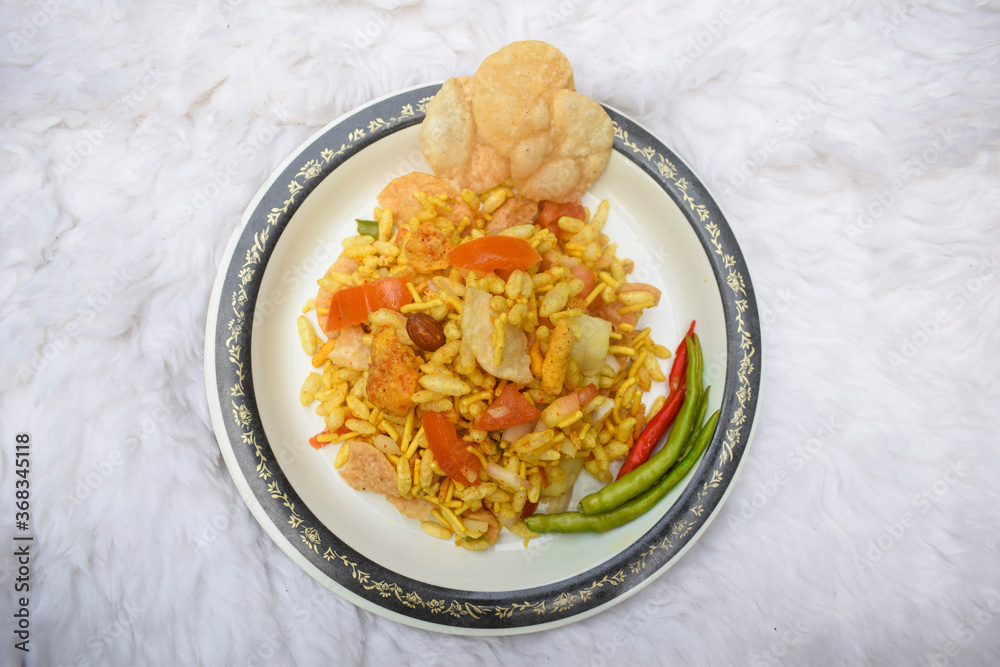 Top view of Bhel puri dish, a popular Indian street snack chat, Served ...