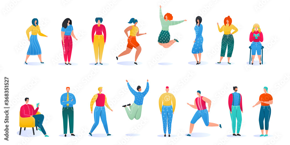 Man woman poses vector illustration set. Cartoon flat faceless people ...