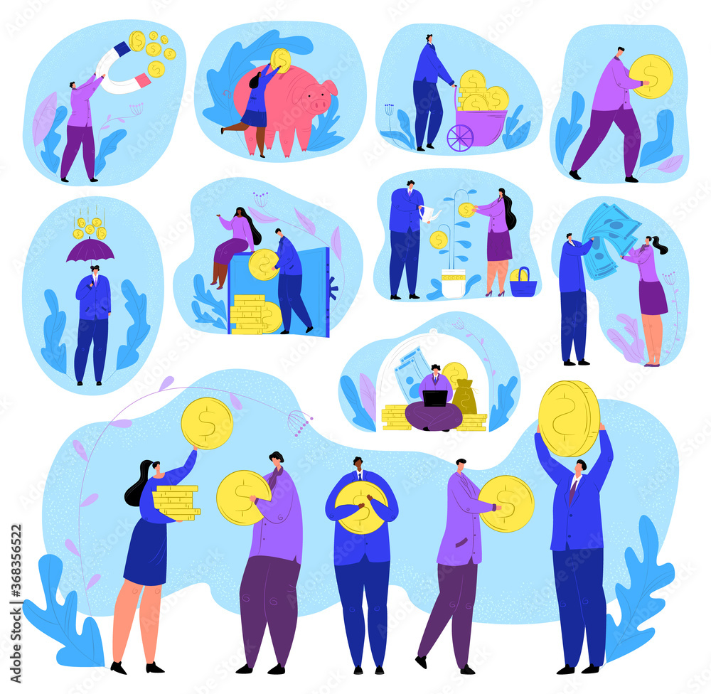 People with money set of finance, business and rich men, women with big ...