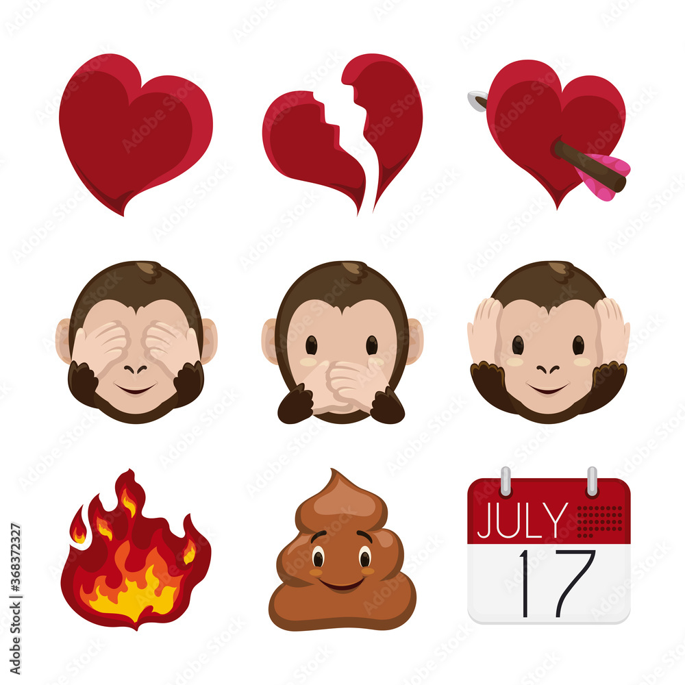 Set of Emojis for Hearts, Monkeys, Fire, Poop and Calendar, Vector ...