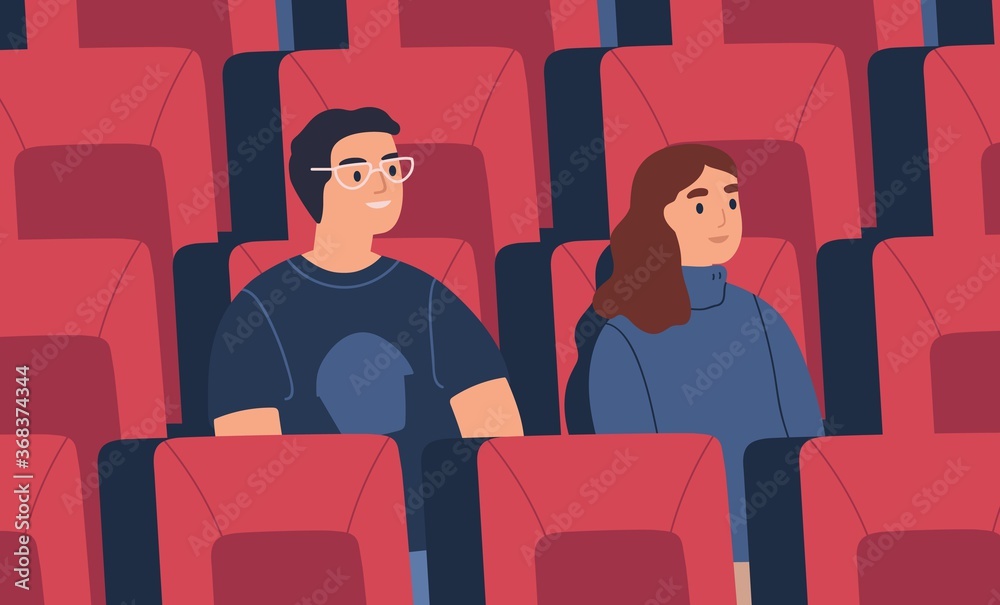 Young spectator couple, friends watch film at empty cinema auditorium ...