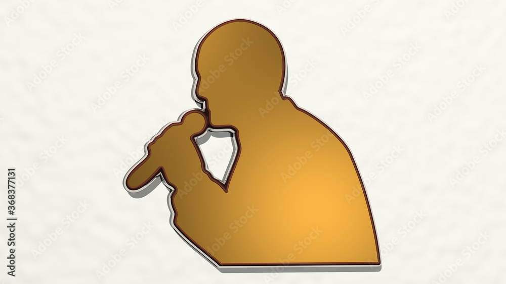 singer made by 3D illustration of a shiny metallic sculpture on a wall ...