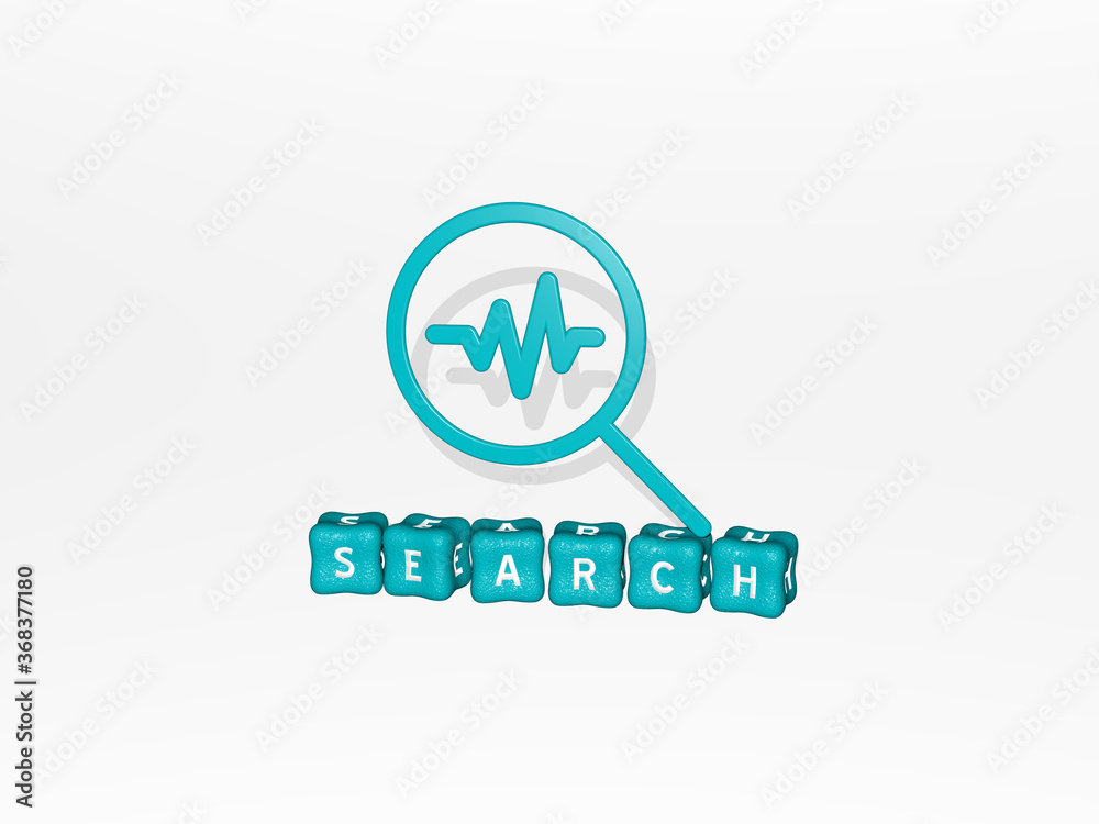 3D representation of search with icon on the wall and text arranged by ...