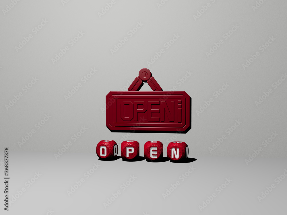 3D graphical image of open vertically along with text built by metallic ...