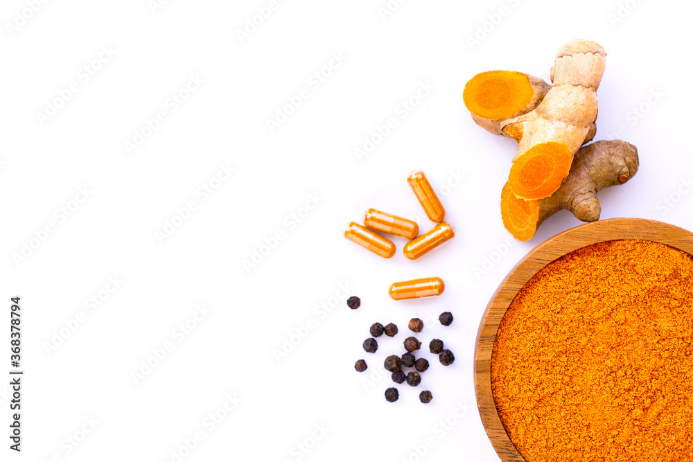 Curcumin powder, Turmeric root with sliced, Curcuma capsules and black ...