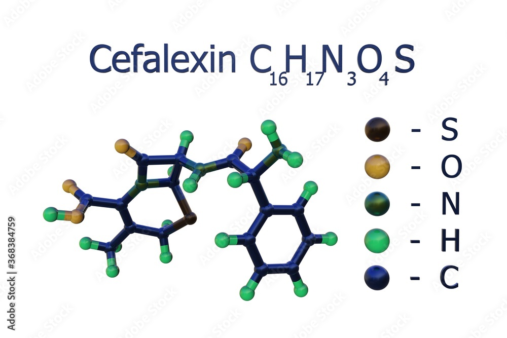 Structural chemical formula and molecular model of cefalexin or ...