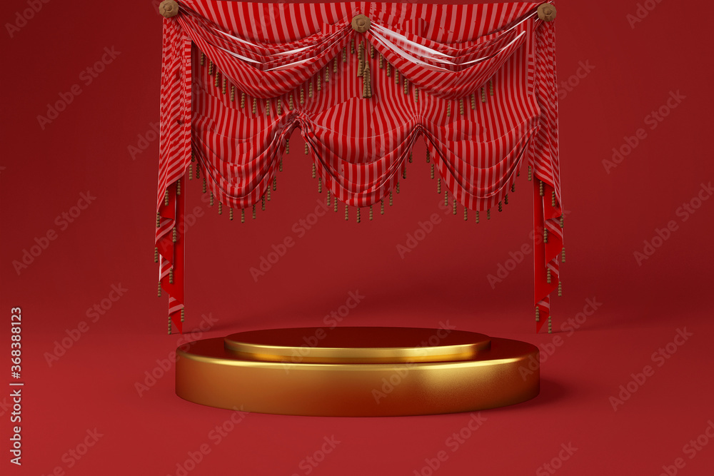 Gold stage podium or product stand on red background with luxury ...