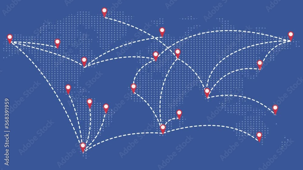 Navigation world map and many red checkpoints icon with routes lines ...
