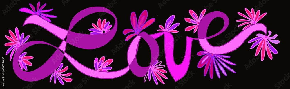 LOVE script ribbon lettering word in hippie, retro 60's 70's 80's style ...