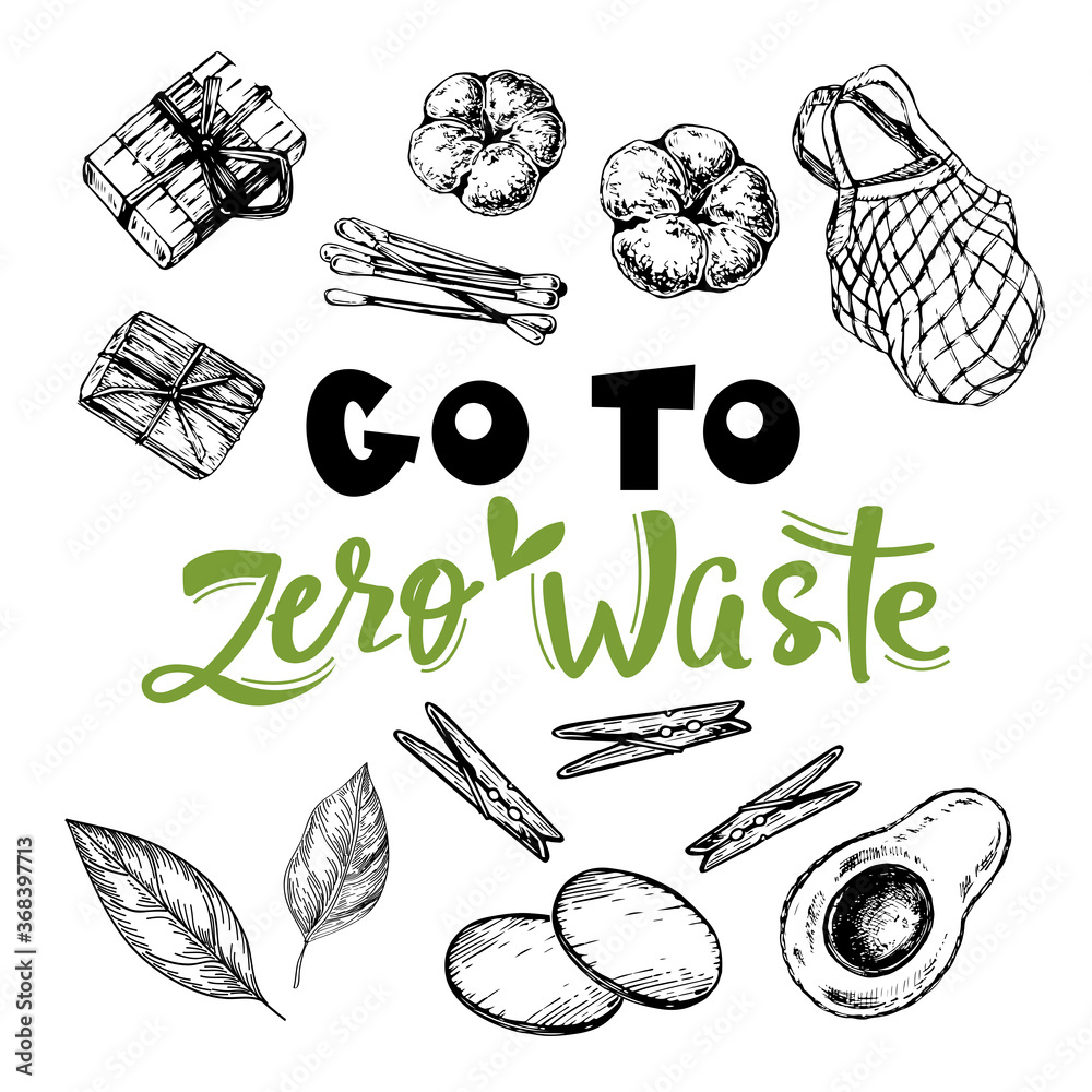 Zero waste lettering and hand drawn sketch illustration collection on a ...