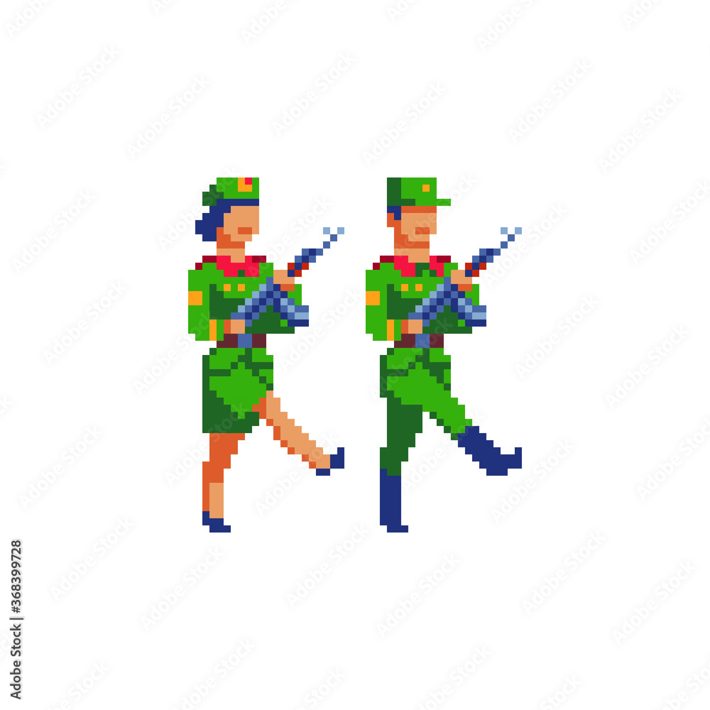 Soldiers man and woman in military camouflage uniform with a gun pixel ...